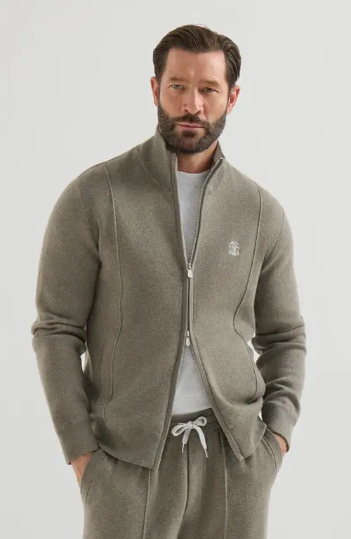 Brunello Cucinelli Cashmere Double Knit Zipper Cardigan - Military
