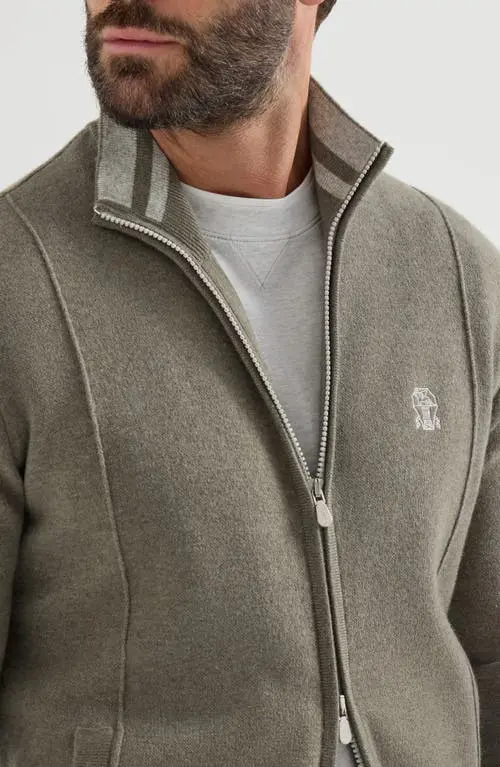 Brunello Cucinelli Cashmere Double Knit Zipper Cardigan - Military