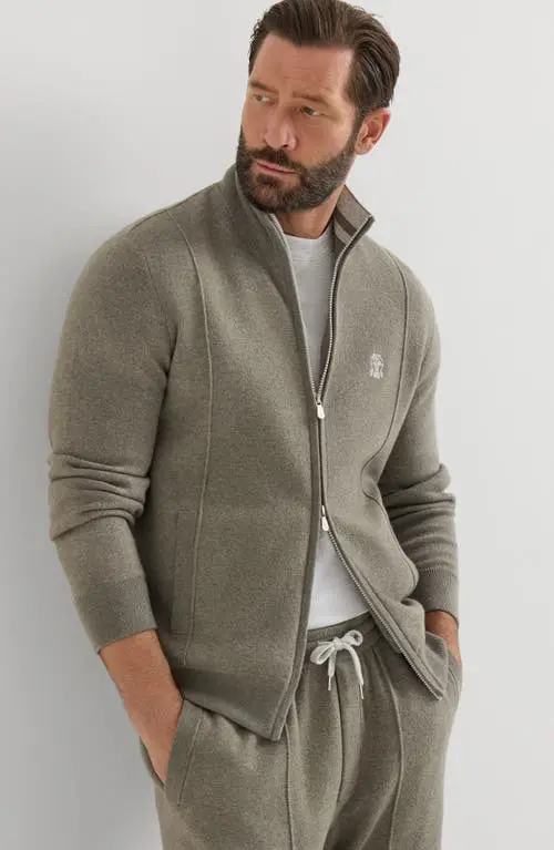 Brunello Cucinelli Cashmere Double Knit Zipper Cardigan - Military