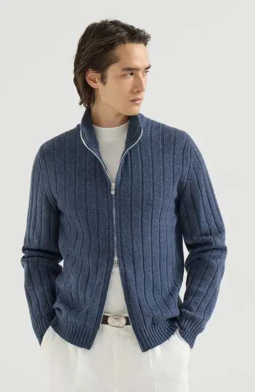 Brunello Cucinelli Cashmere Ribbed Cardigan With Zip - Denim