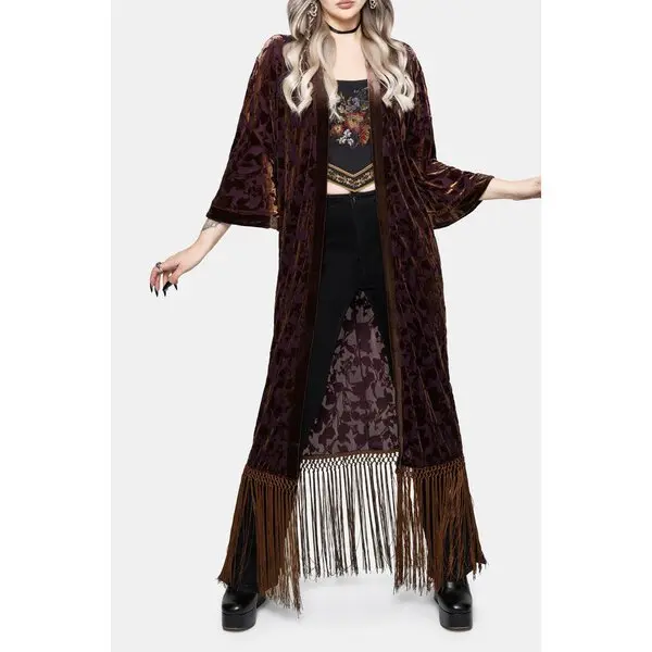 DISTURBIA Sienna Devore Fringe Robe - Orange