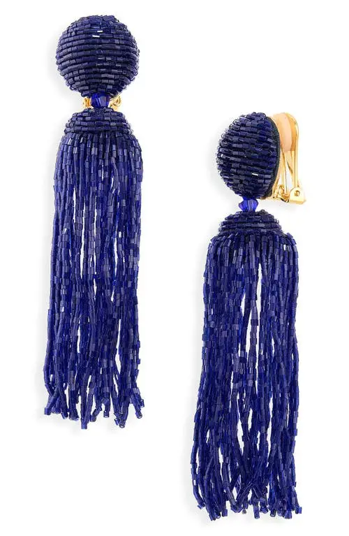 Oscar De La Renta Beaded Tassel Clip-on Drop Earrings - Navy