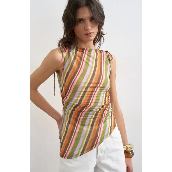 Topshop Stripe Ruched Tie Shoulder Asymmetric Hem Top - Orange