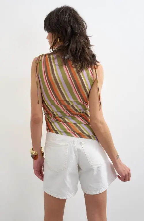 Topshop Striped Ruched Tie Shoulder Asymmetric Hem Top