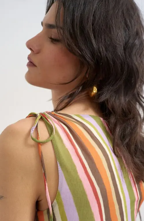 Topshop Striped Ruched Tie Shoulder Asymmetric Hem Top