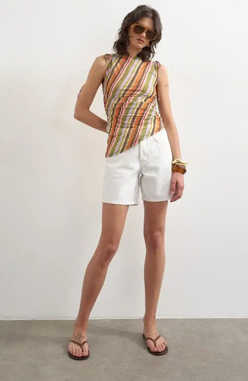 Topshop Striped Ruched Tie Shoulder Asymmetric Hem Top