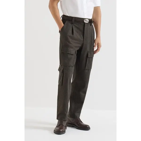 Brunello Cucinelli Virgin Wool Flannel Trousers With Cargo Pockets And Waist Tabs - Brown