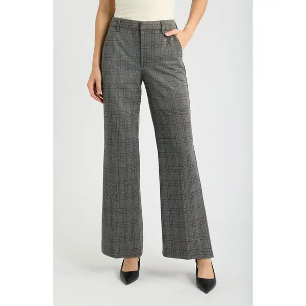 LIVERPOOL Kelsey Plaid Wide Leg Pants - Black Multi Herringbone Plaid
