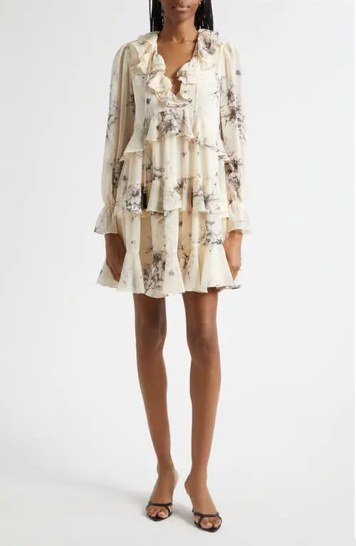 Cinq À Sept Sacha Floral Tiered Ruffle Trim Dress - Gardenia/black