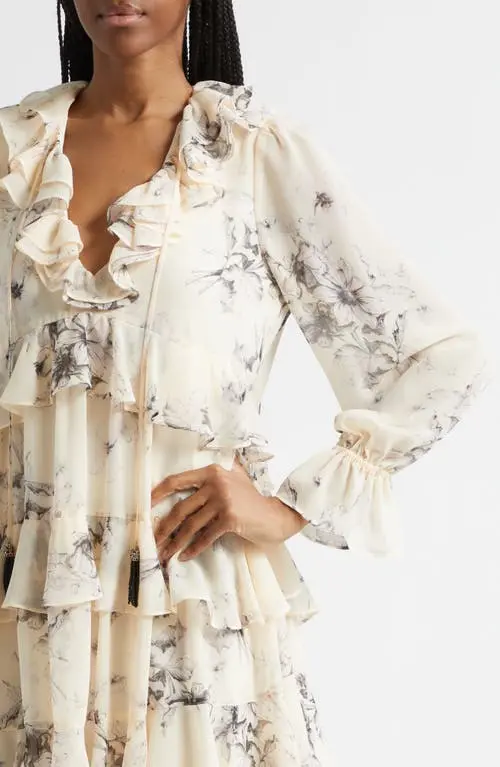 Cinq À Sept Floral Tiered Ruffle Trim Dress