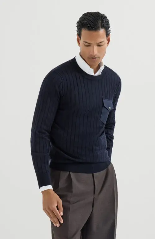 Brunello Cucinelli Cashmere And Silk Ribbed Sweater With Chest Pocket - Navy Blue