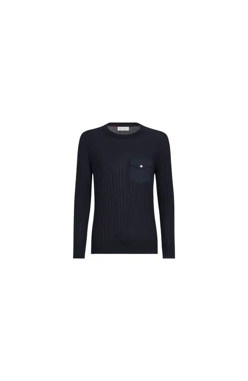 Brunello Cucinelli Cashmere And Silk Ribbed Sweater With Chest Pocket - Navy Blue