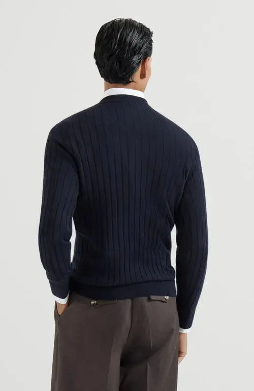 Brunello Cucinelli Cashmere And Silk Ribbed Sweater With Chest Pocket - Navy Blue