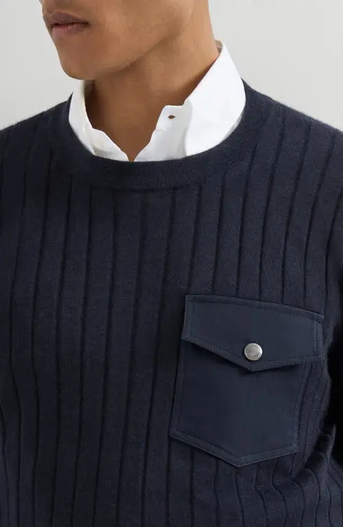 Brunello Cucinelli Cashmere And Silk Ribbed Sweater With Chest Pocket - Navy Blue