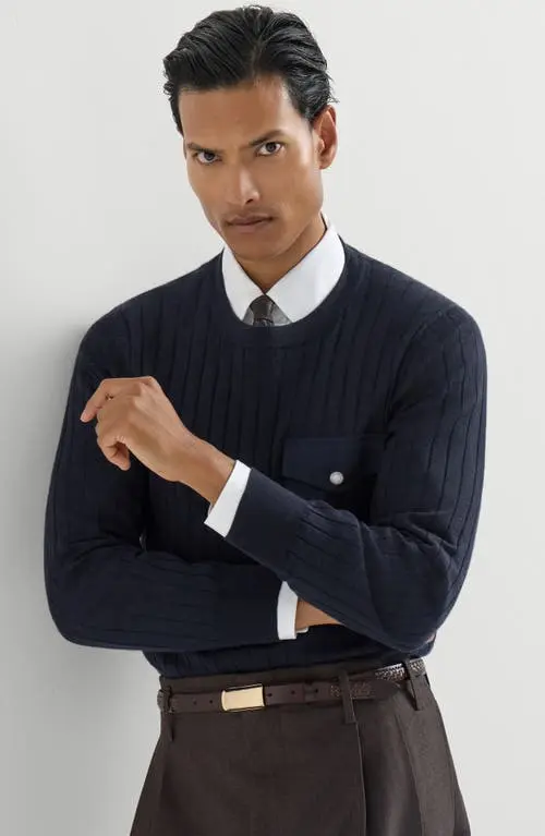 Brunello Cucinelli Cashmere And Silk Ribbed Sweater With Chest Pocket - Navy Blue