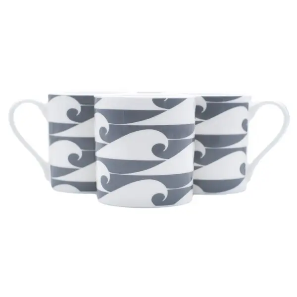 THE CORNISH SURFER White / Grey Fine Bone China Big Wave Mug Set| Silver Surf Grey, White