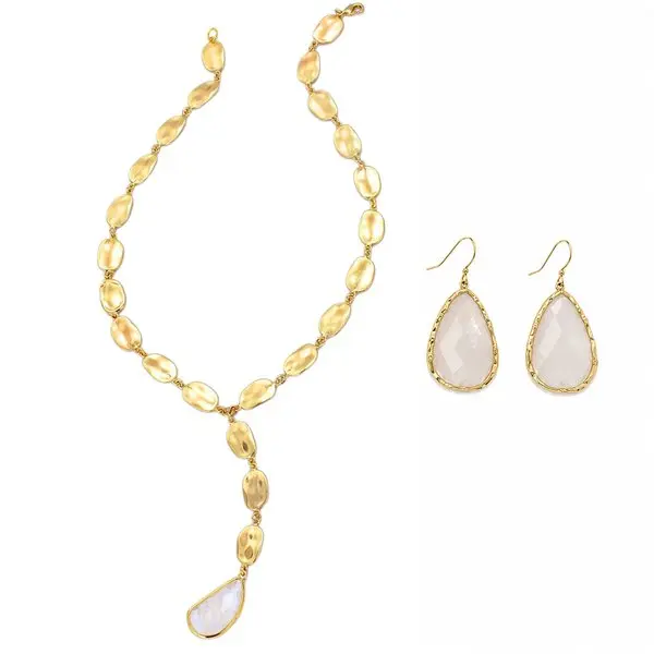 RARE MATTERS JEWELRY Golden Drift Clear Quartz Necklace & Teardrop Earrings Set - White