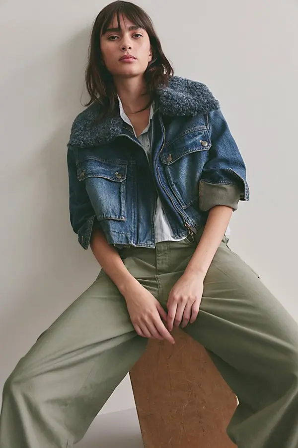 Free People We The Free Heart Land Cozy Denim Cropped Jacket - Blue Acre