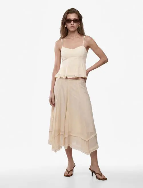 Koton Asymmetric Trim Flowy Layered Midi Skirt - Beige