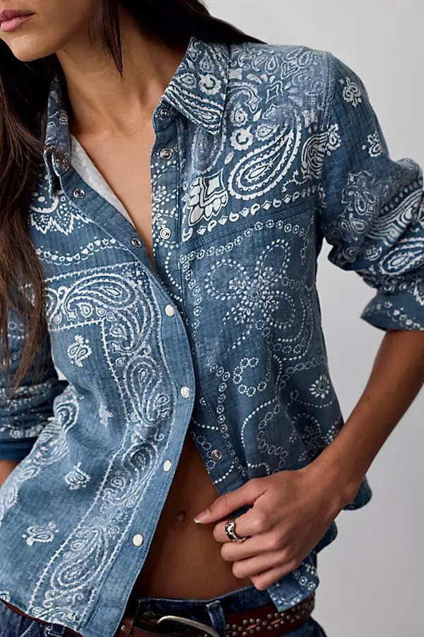 Free People We The Free Second Chances Printed Button Down Shirt