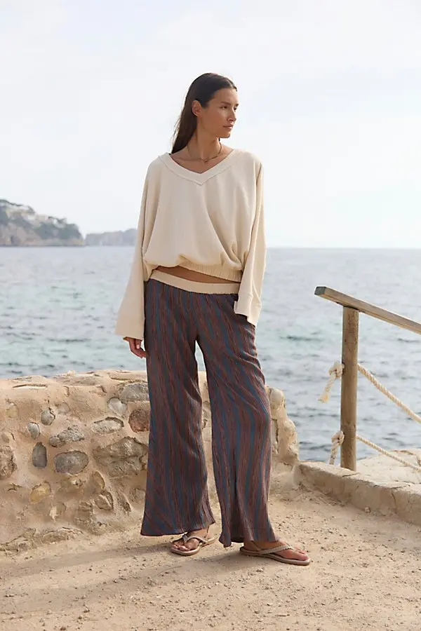 Free People Bel Striped Flare Pants - Mocha Combo