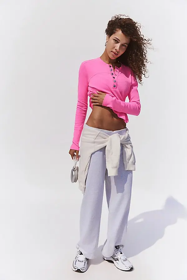 Free People Long Sleeve Henley Top With Side Slits - Hot Pink