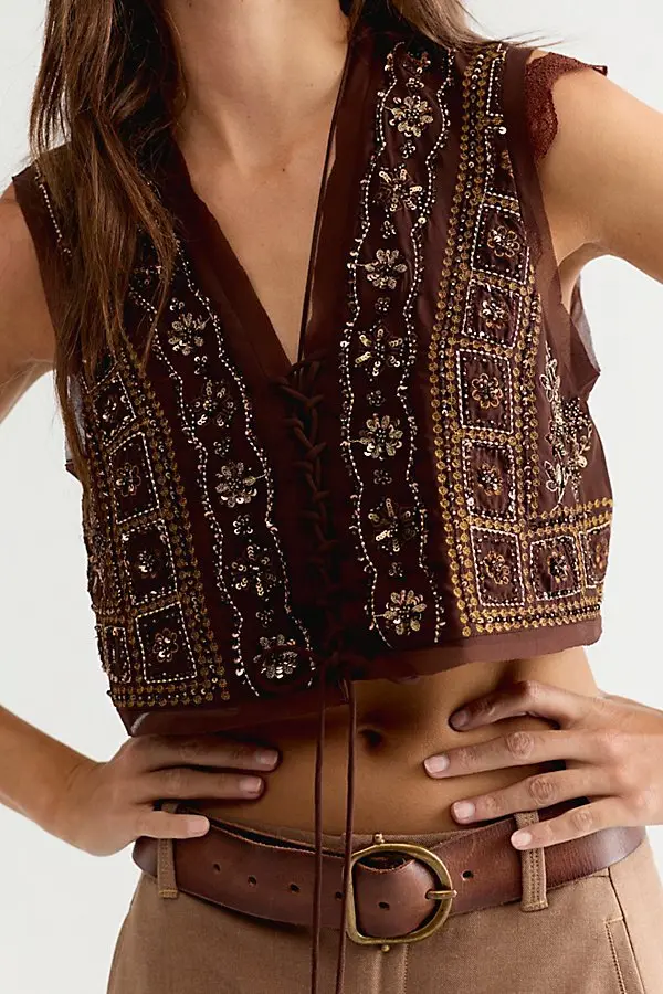 Free People Sun Kissed Embellished Vest - Brown