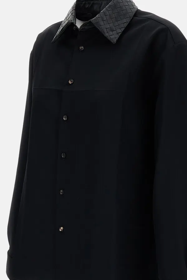 Bottega Veneta Wool Shirt With Intrecciato Leather Collar