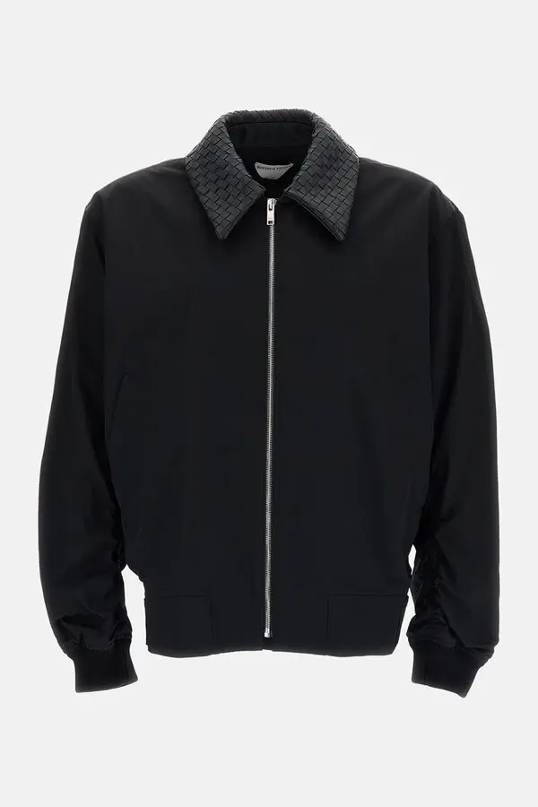 Bottega Veneta Cotton Blend Bomber Jacket With Intrecciato Collar - Nero