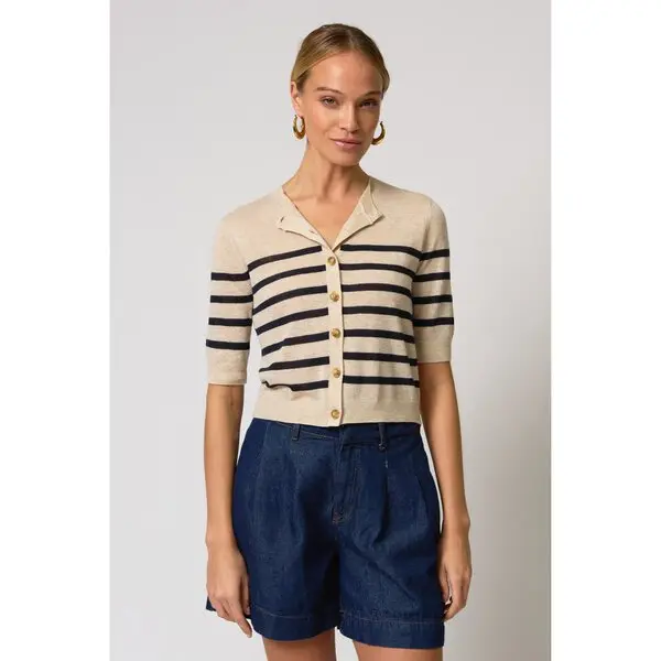 Central Park West Marlon Striped Sheer Cardigan - Oat/chocolate