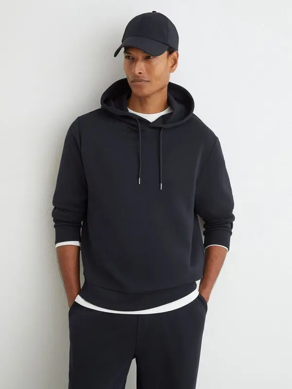 REISS Dane Premium Interlock Hoodie - Navy