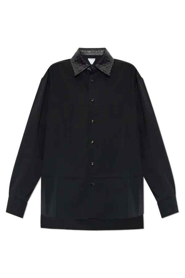 Bottega Veneta Wool Shirt With Leather Collar - Black