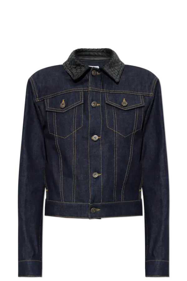 Bottega Veneta Denim Jacket With Leather Collar - Navy Blue