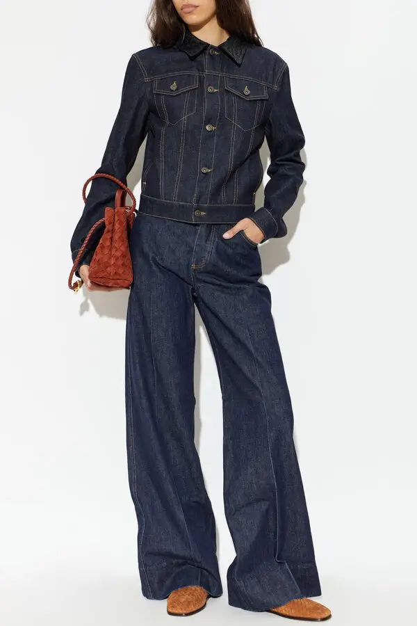 Bottega Veneta Denim Trucker Jacket With Leather Collar