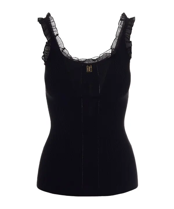 Elisabetta Franchi Logo Plaque Lace-trim Ribbed Top - No