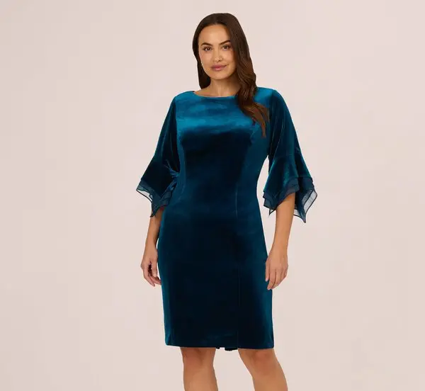 Adrianna Papell Velvet Sheath Dress With Tiered Three Quarter Sleeves - Dark Teal