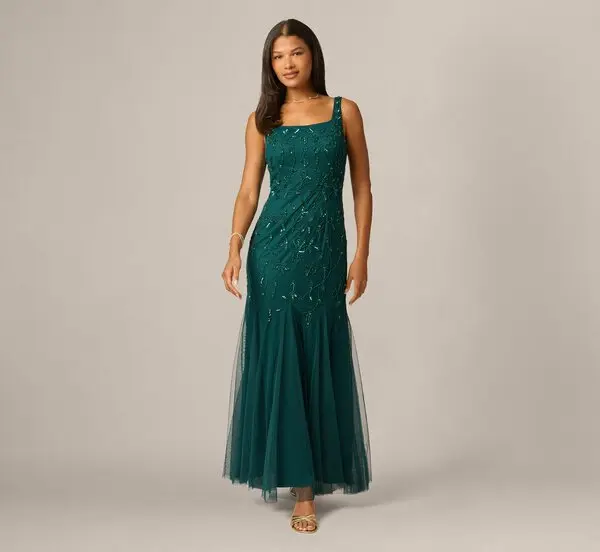 Adrianna Papell Square Neck Ivy Floral Sequin Beaded Gown - Gem Green