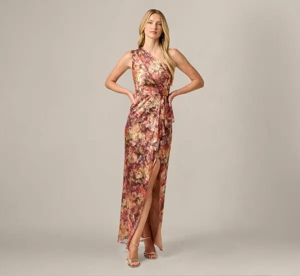Adrianna Papell One Shoulder Metallic Floral Crinkle Chiffon Gown - Gold Multi