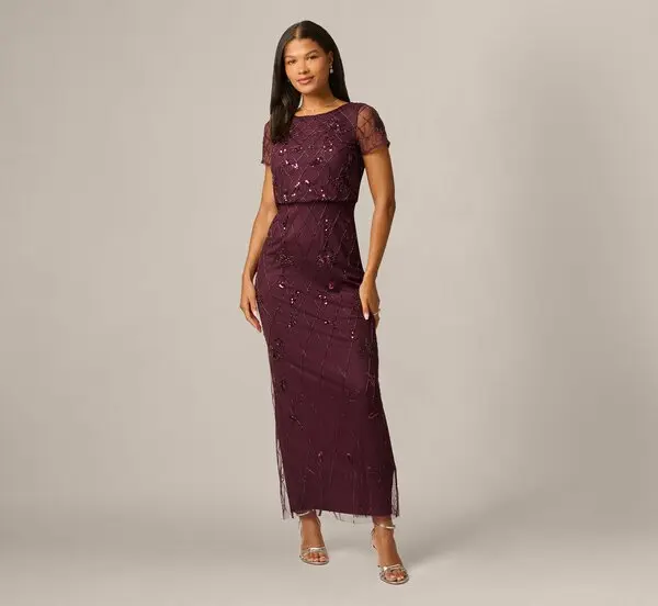 Adrianna Papell Short Sleeve Lattice Floral Beaded Blouson Gown - Night Plum