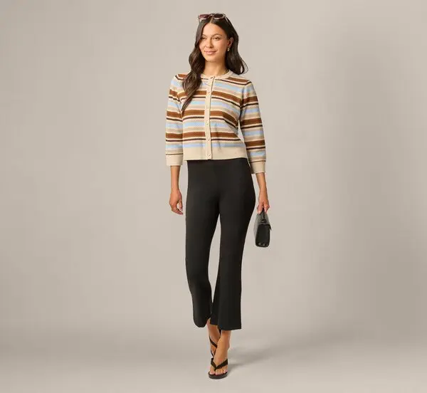 Adrianna Papell Three Quarter Sleeve Pebble Texture Cardigan Sweater In Brown Classic Blue Combo - Brown/classic Blue Combo