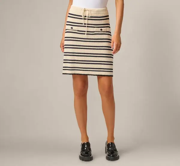 Adrianna Papell Textured Knit Short Drawstring Skirt In Cream Navy - Cream/navy