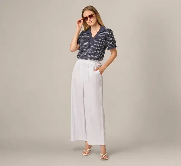 Adrianna Papell Fringe Trim Textured Polo Sweater In Navy Ivory - Navy/ivory