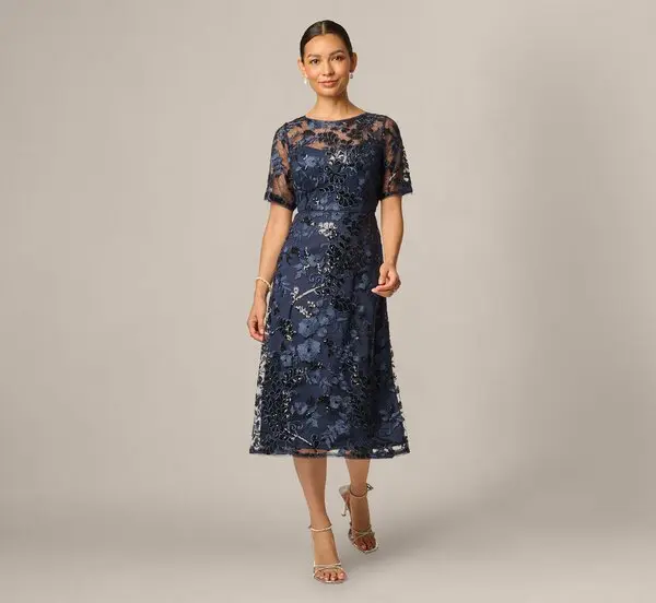 Adrianna Papell Petite Sequin Embroidered Midi Dress With Sheer Short Sleeves - Navy
