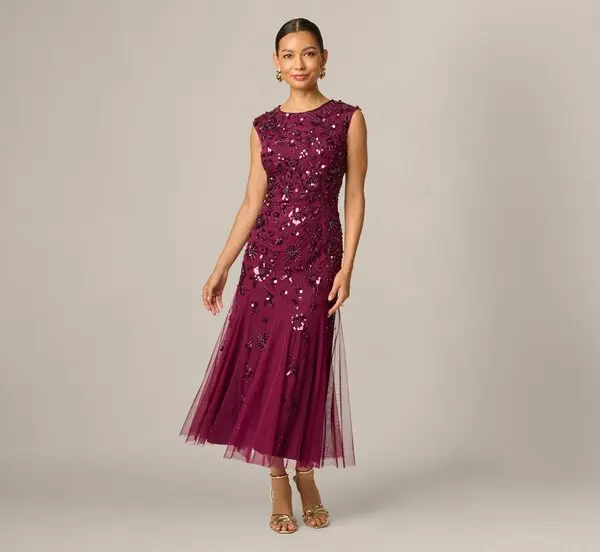 Adrianna Papell Petite Floral Beaded Ankle Length Gown - Bordeaux