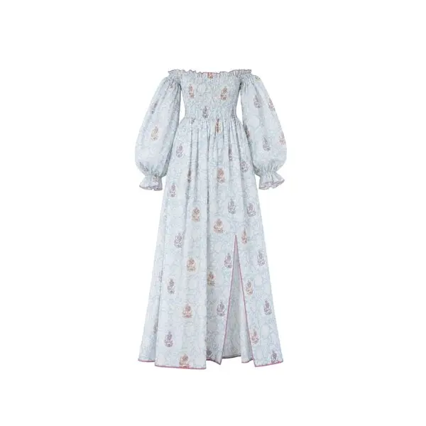 CHARKHA & LOOM Blue / White Aurora Chanderi Silk Maxi Dress - Blue/white