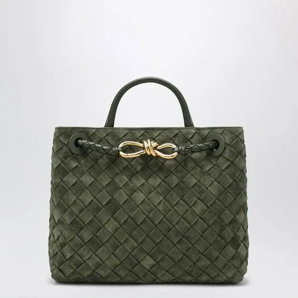 Bottega Veneta Andiamo Small Intrecciato Suede Bag In Dark - Green