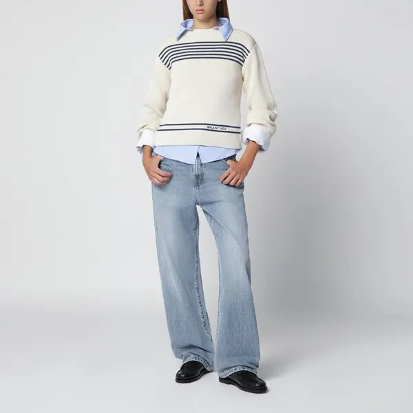 Balenciaga Ribbed Cotton Sweater With Striped Detail - Blue