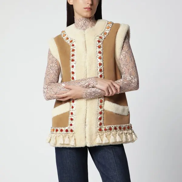 Valentino Garavani Camel Shearling And Suede Vest - Beige