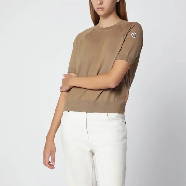 Moncler Wool Sweater With Logo Patch - Beige