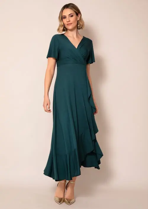 ALIE STREET LONDON Waterfall Wrap Midi Dress Cascade Ruffle - Pine Green